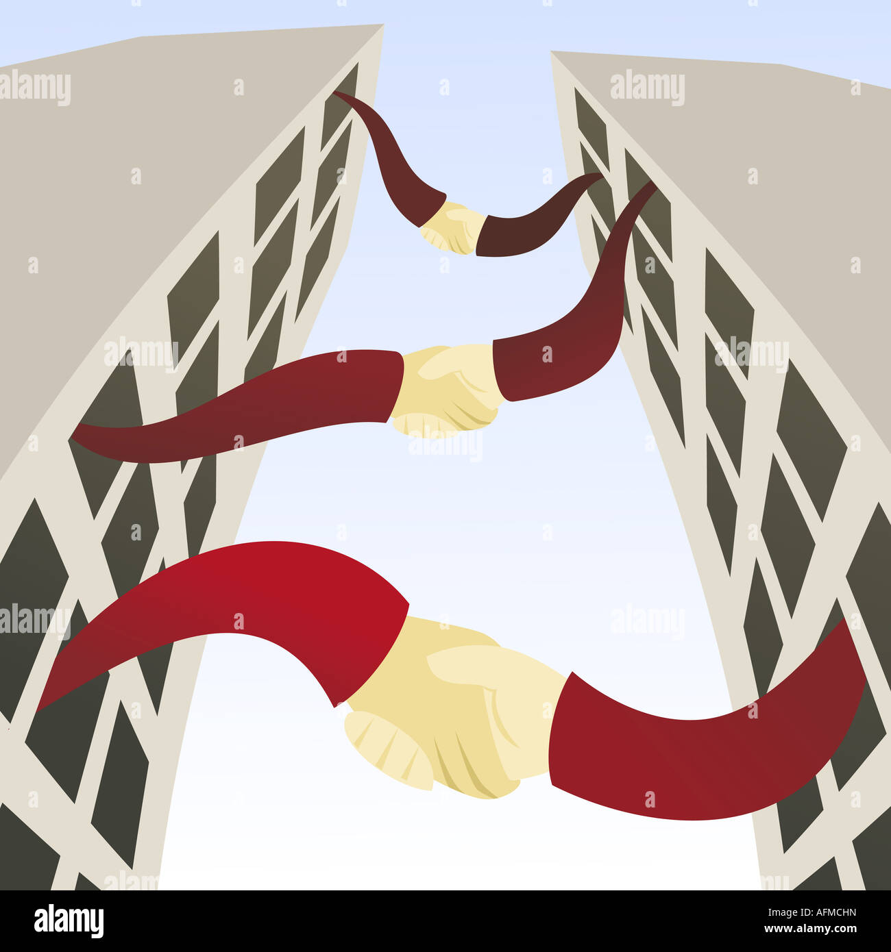 Human hands shaking across two buildings Stock Photo - Alamy