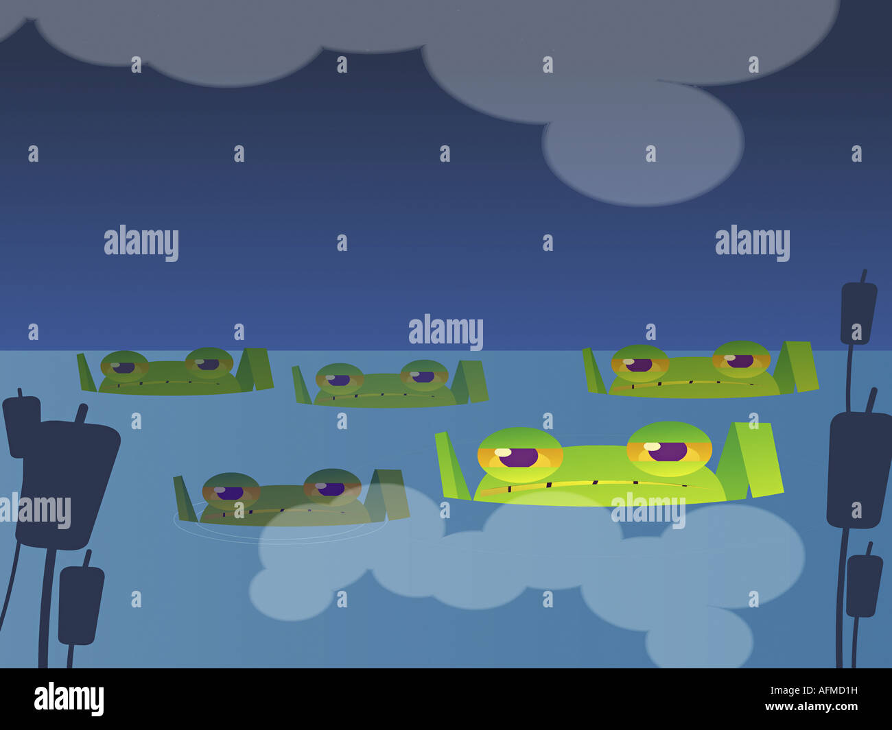 Five frogs in water Stock Photo - Alamy