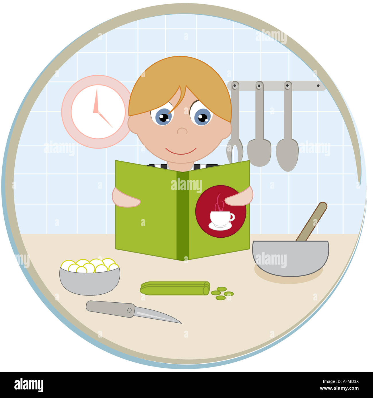 Man holding a cookery book in the kitchen Stock Photo - Alamy