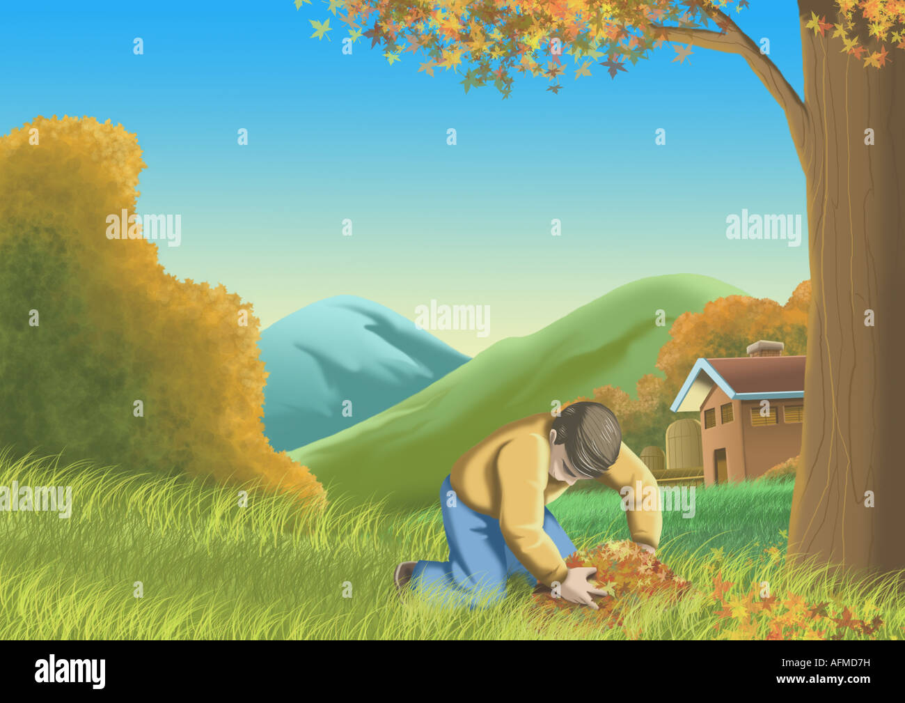 Boy picking up autumn leaves Stock Photo - Alamy