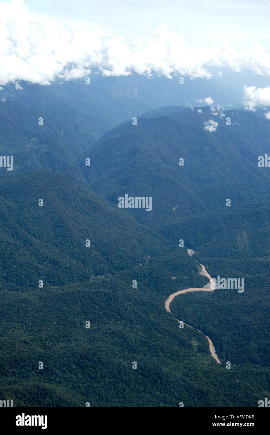 Aerial view of the rainforest and rivers of the Southern Highlands ...