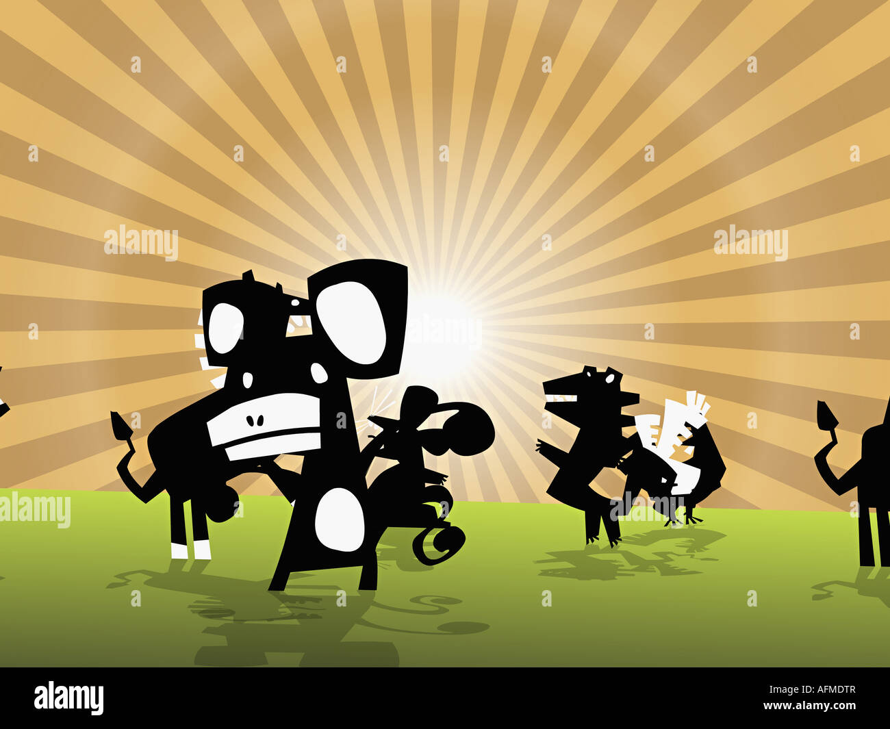 Group of animals in front of the rising sun Stock Photo - Alamy