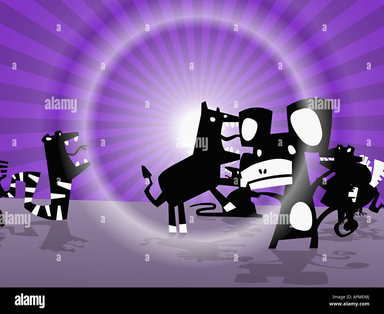 Group of animals in front of the rising sun Stock Photo - Alamy