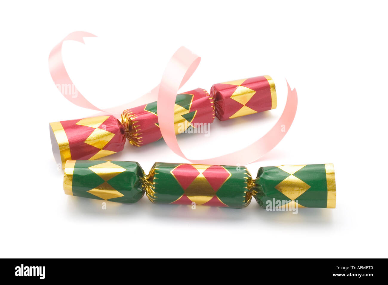 Christmas Crackers with Ribbon Stock Photo - Alamy
