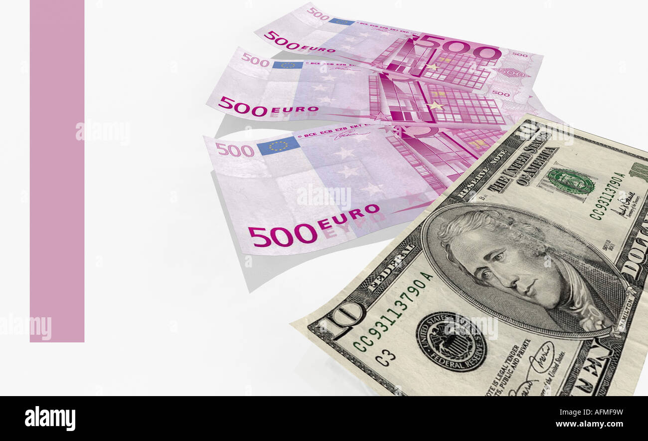 American ten dollar bill and five hundred Euro banknotes Stock Photo ...