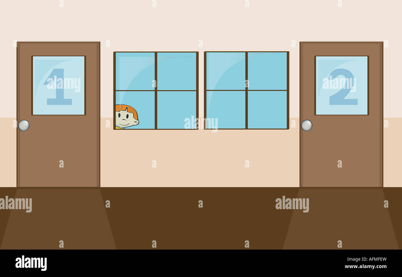 Boy looking through window of a classroom Stock Photo - Alamy