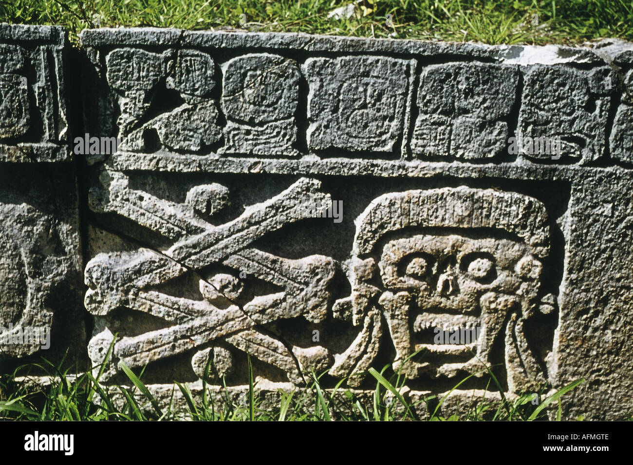 death, symbols, scull & crossed bones, relief, Maya graveyard, circa ...