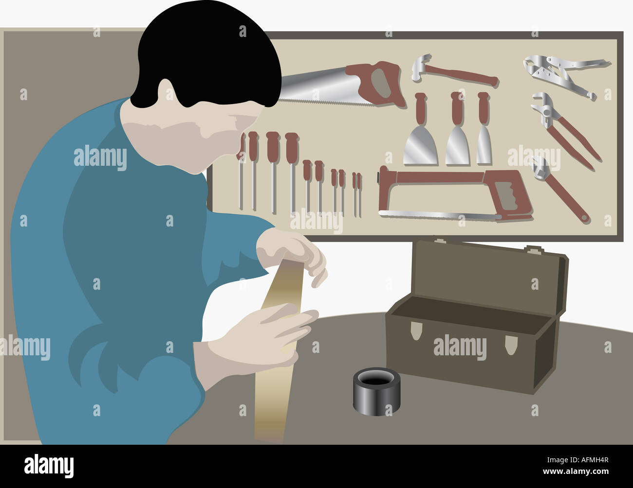 Side profile of a carpenter holding a piece of wood Stock Photo - Alamy