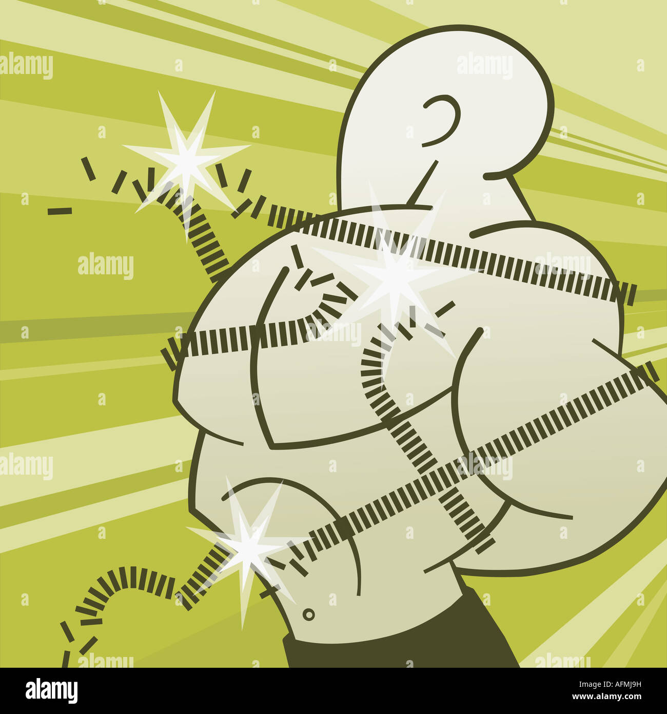 Man breaking rope tied around his body Stock Photo - Alamy