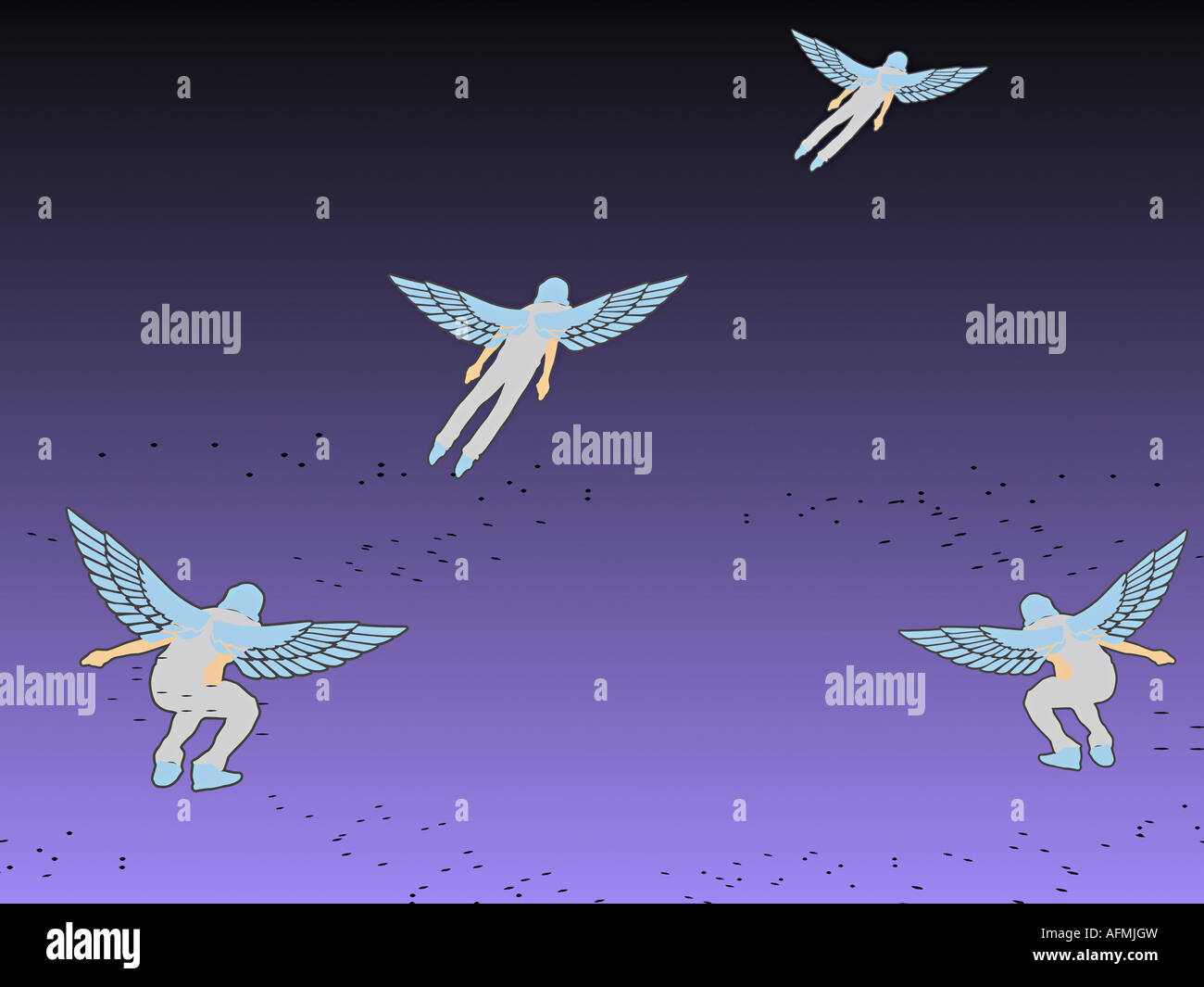 four people with wings flying in the sky Stock Photo - Alamy