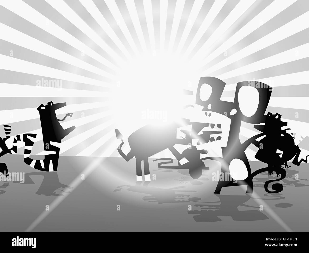 Group of animals in front of the rising sun Stock Photo - Alamy