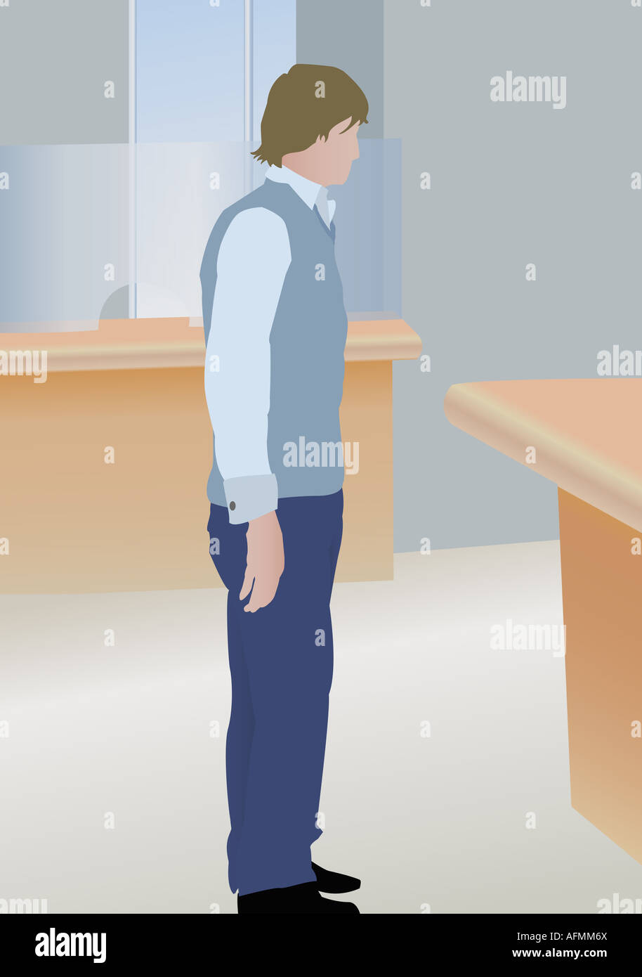 Businessman standing in front of a desk in an office Stock Photo - Alamy