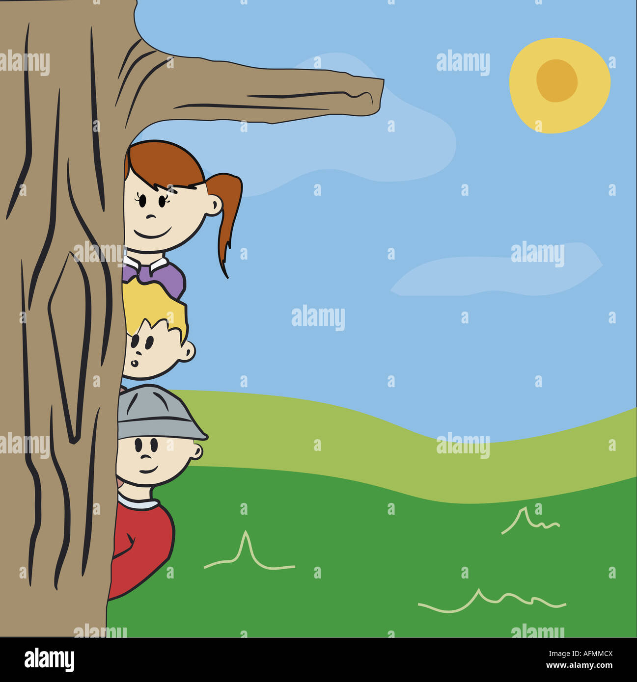 Boy girl hiding behind tree hi-res stock photography and images - Alamy