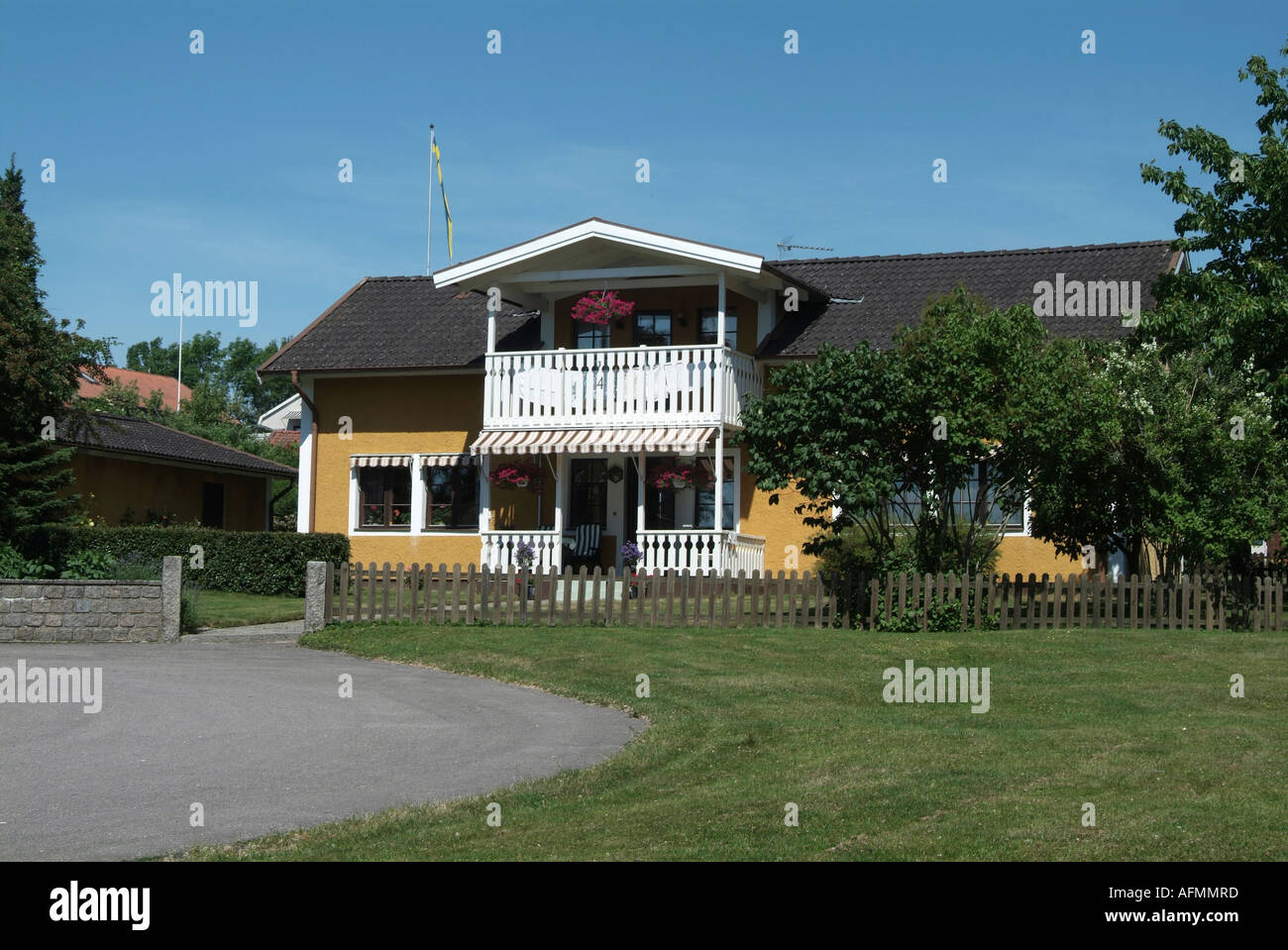 Typical, Swedish, house, Sweden, timber, wood, wooden, blue, sky ...