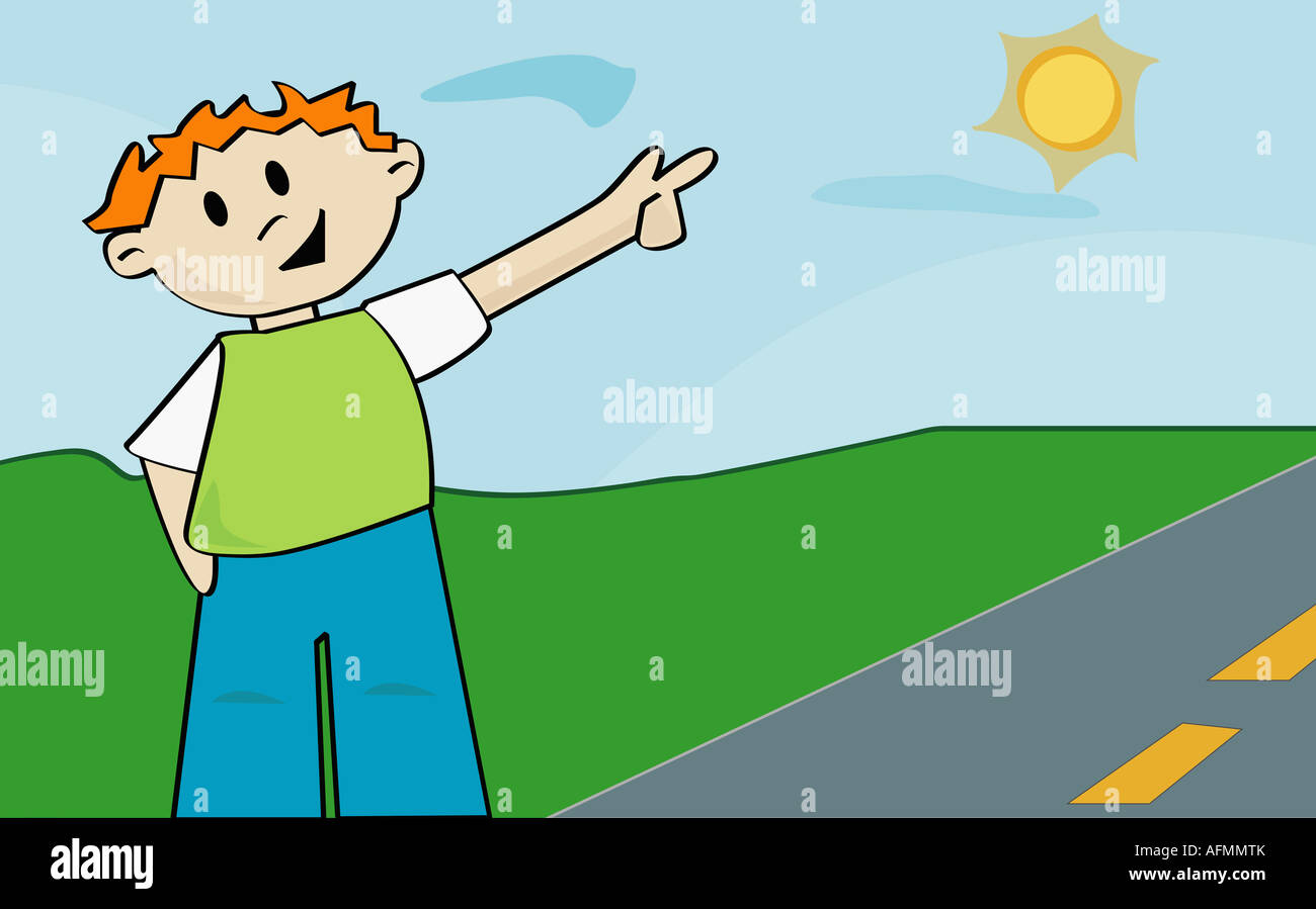 Boy standing on a road pointing to the sun Stock Photo - Alamy