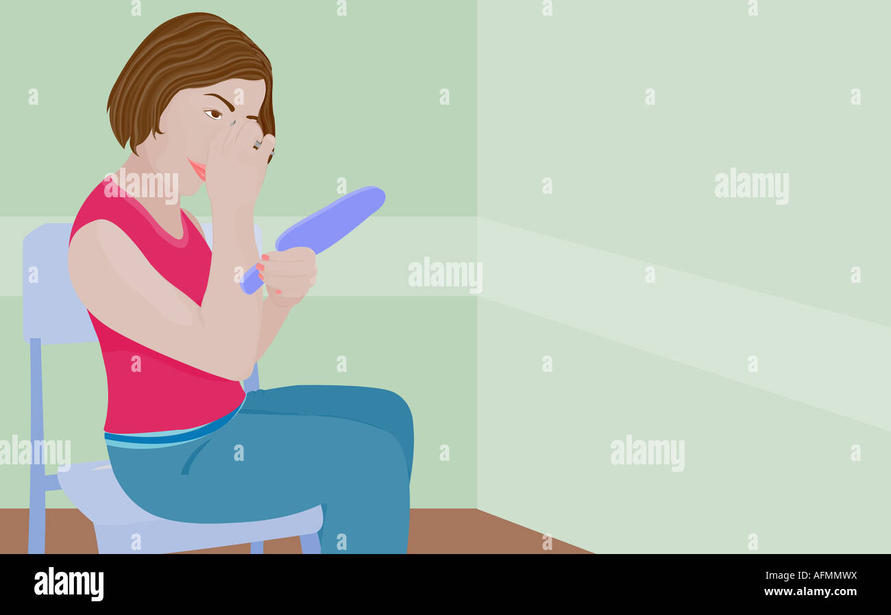 Woman sitting on a chair holding a hand mirror Stock Photo - Alamy