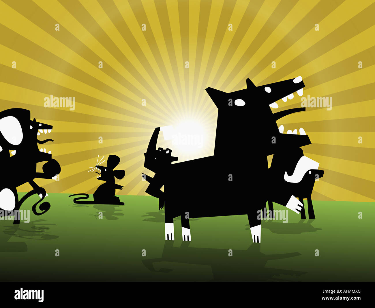 Group of animals in front of the rising sun Stock Photo - Alamy