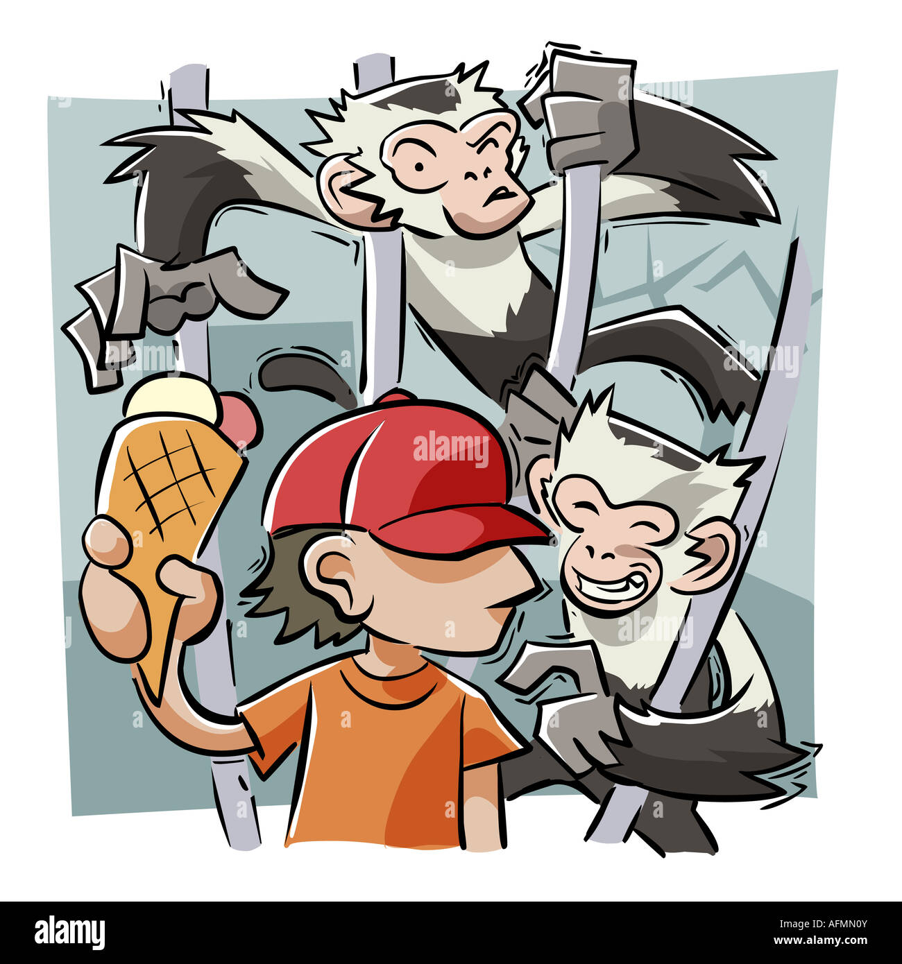 Boy tempting monkeys in a zoo with an ice cream Stock Photo - Alamy