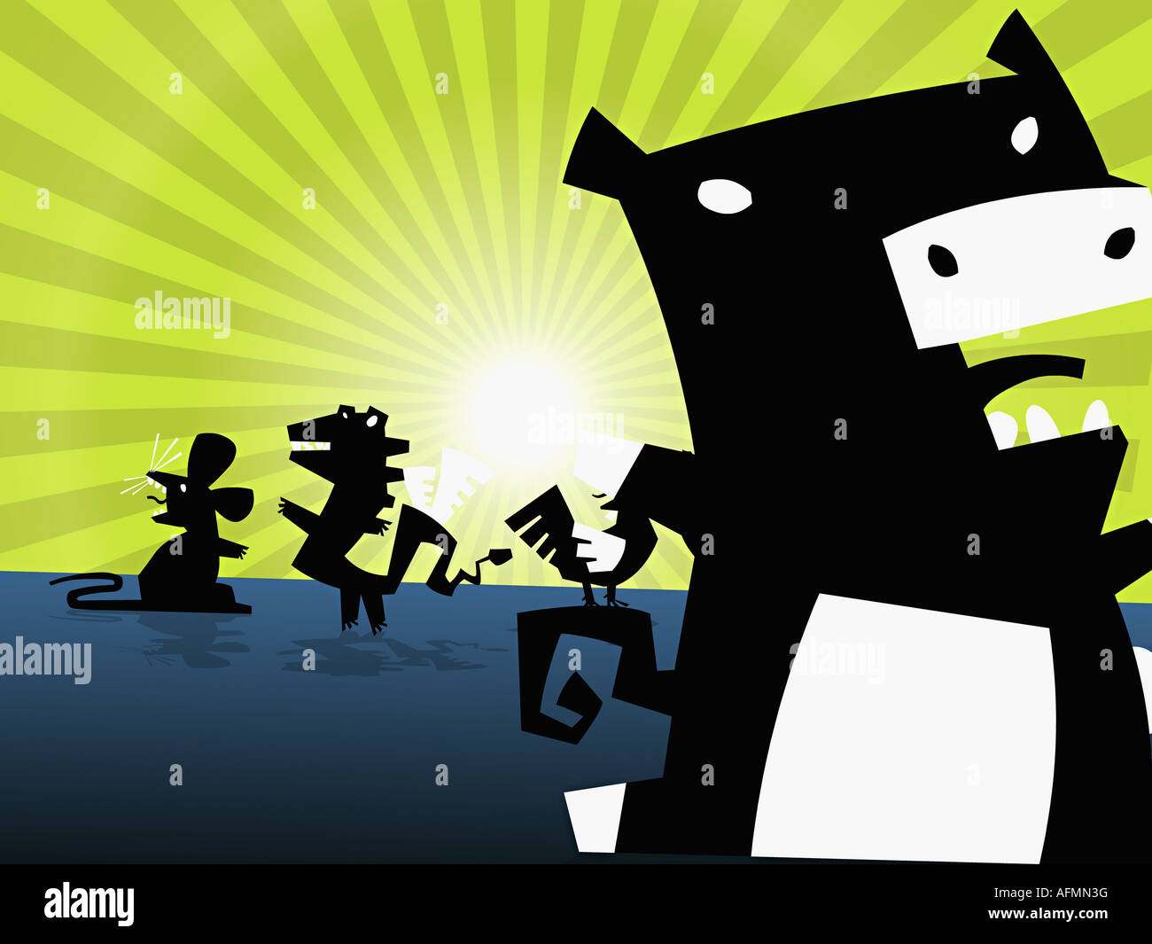 Four animals in front of the rising sun Stock Photo - Alamy