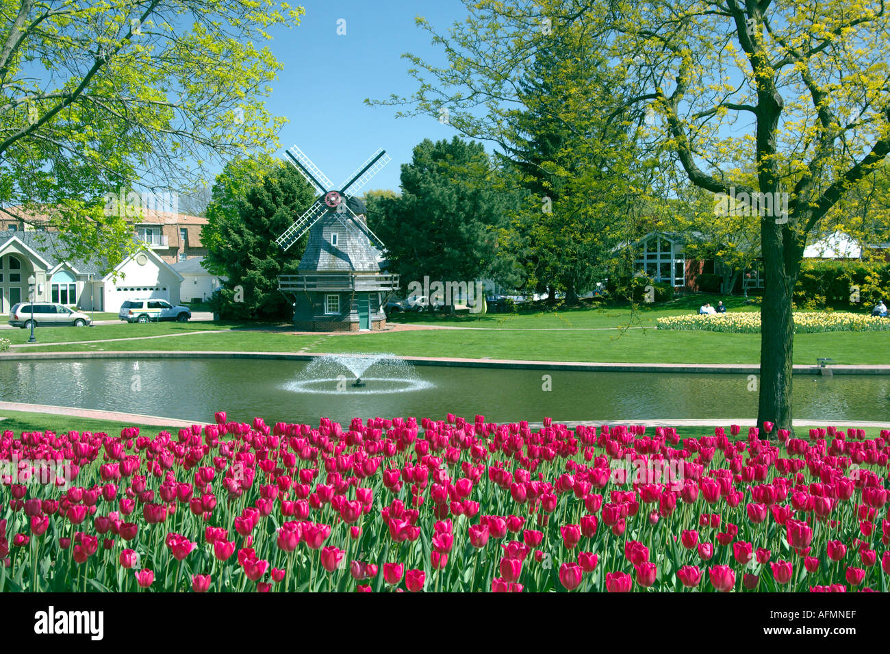 Tulips and windmill at the Sunken Gardens in Pella Iowa USA Stock Photo ...