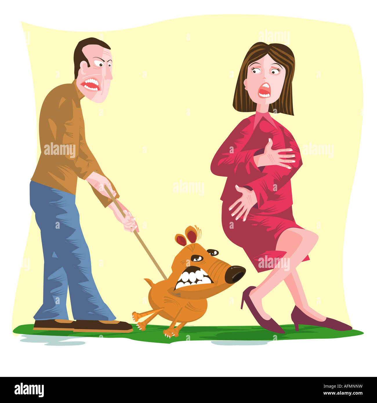 Dog barking at a woman Stock Photo - Alamy