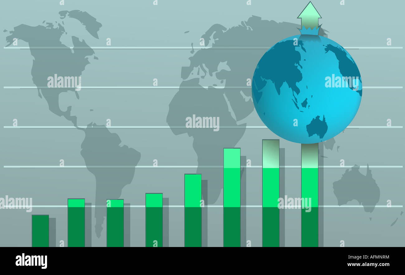 Globe on a bar graph with world map in the background Stock Photo - Alamy