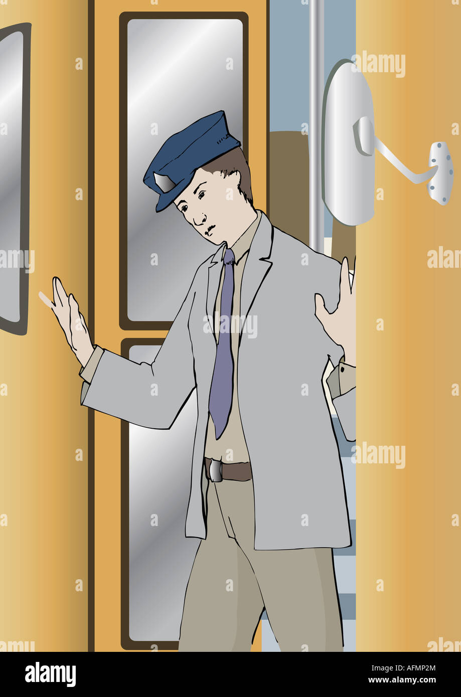 Bus driver getting down from the bus Stock Photo - Alamy