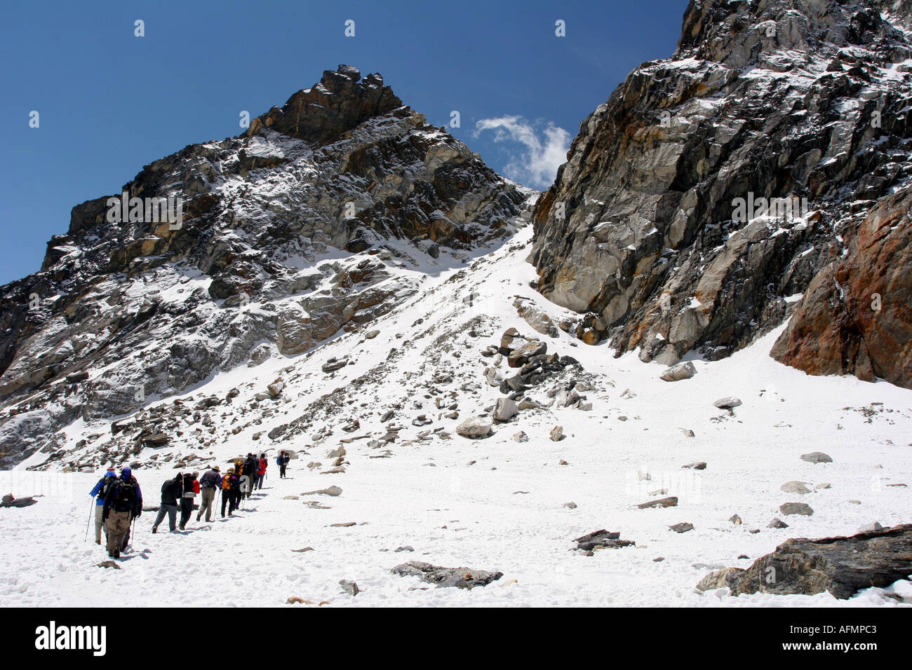 Hiking across the crunchy packed glacier snow while crossing the Chola ...