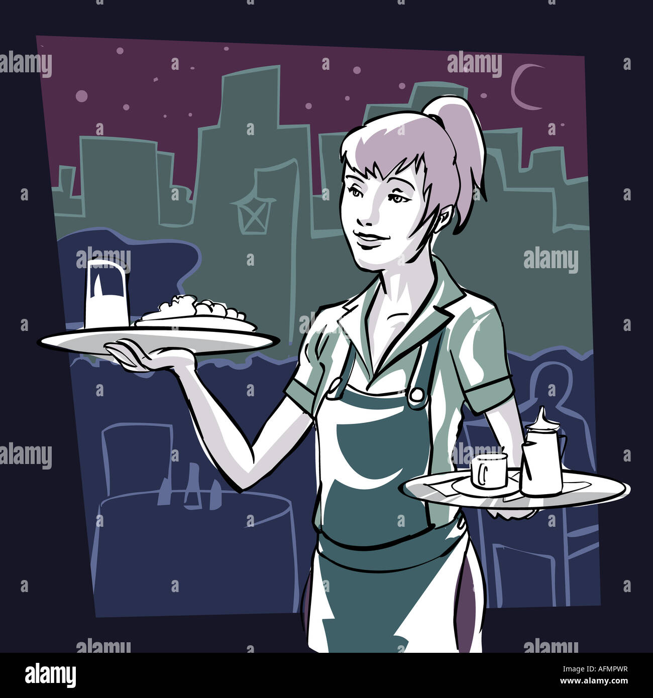 Close up of a waitress holding trays Stock Photo - Alamy
