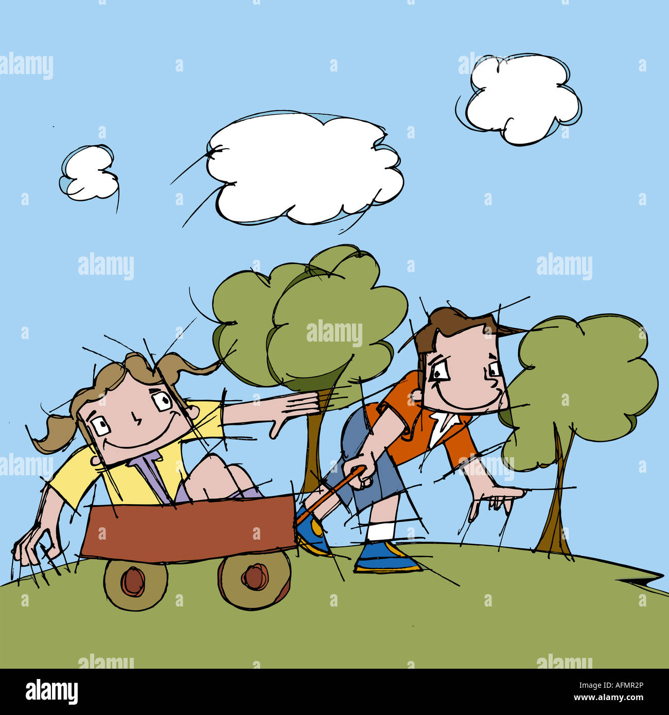 Boy pulling a girl in a cart Stock Photo - Alamy
