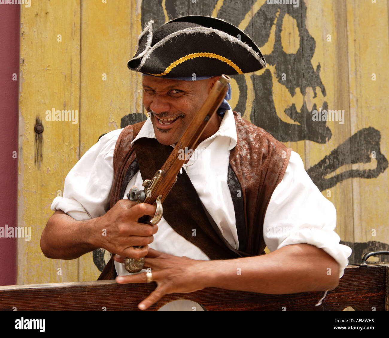 Pirate actor outside the Pirates of Nassau Museum, Nassau, New ...