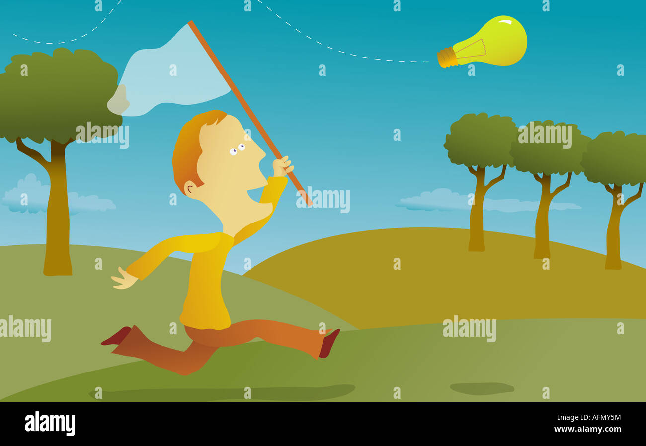 Man chasing a light bulb with a butterfly net Stock Photo - Alamy