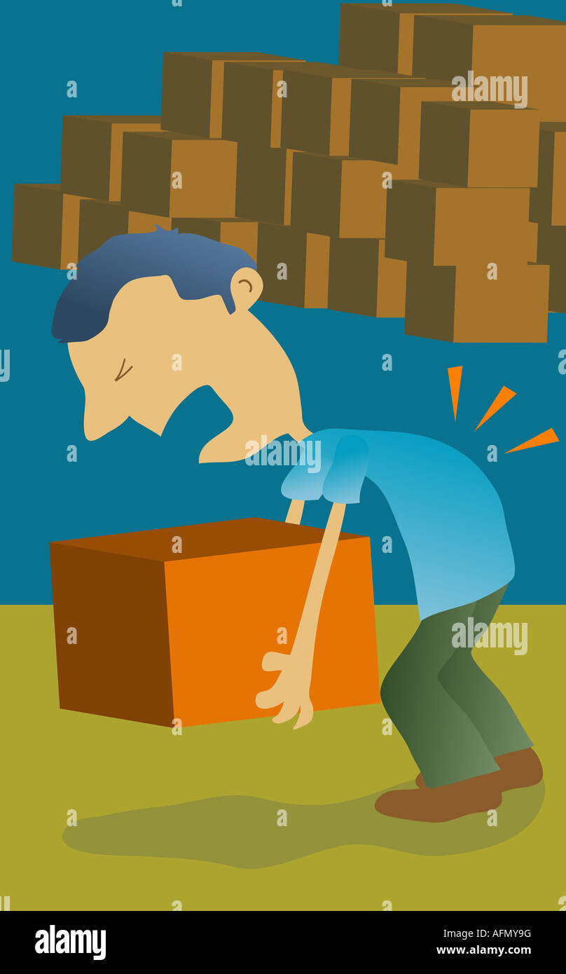 Man getting a back ache while picking up a box Stock Photo - Alamy