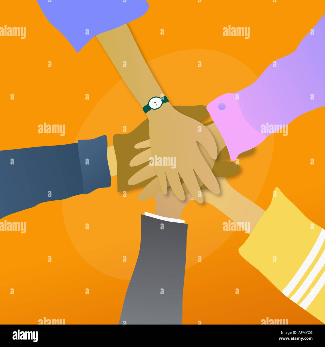 High angle view of five people with their hands together Stock Photo ...