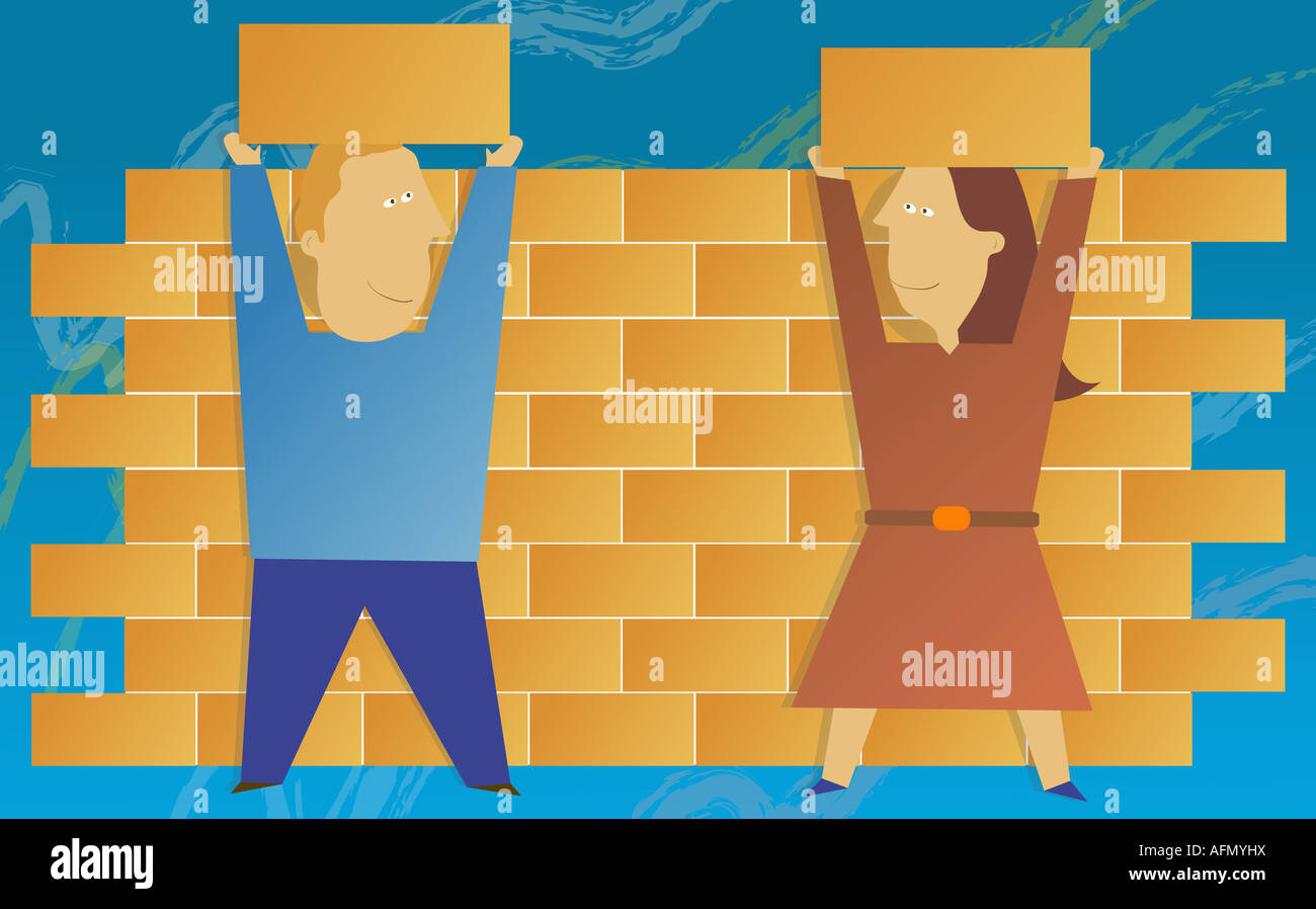 Man and a woman building a brick wall Stock Photo - Alamy