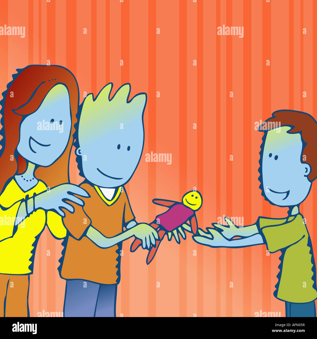 Father and mother giving a doll to their son Stock Photo - Alamy