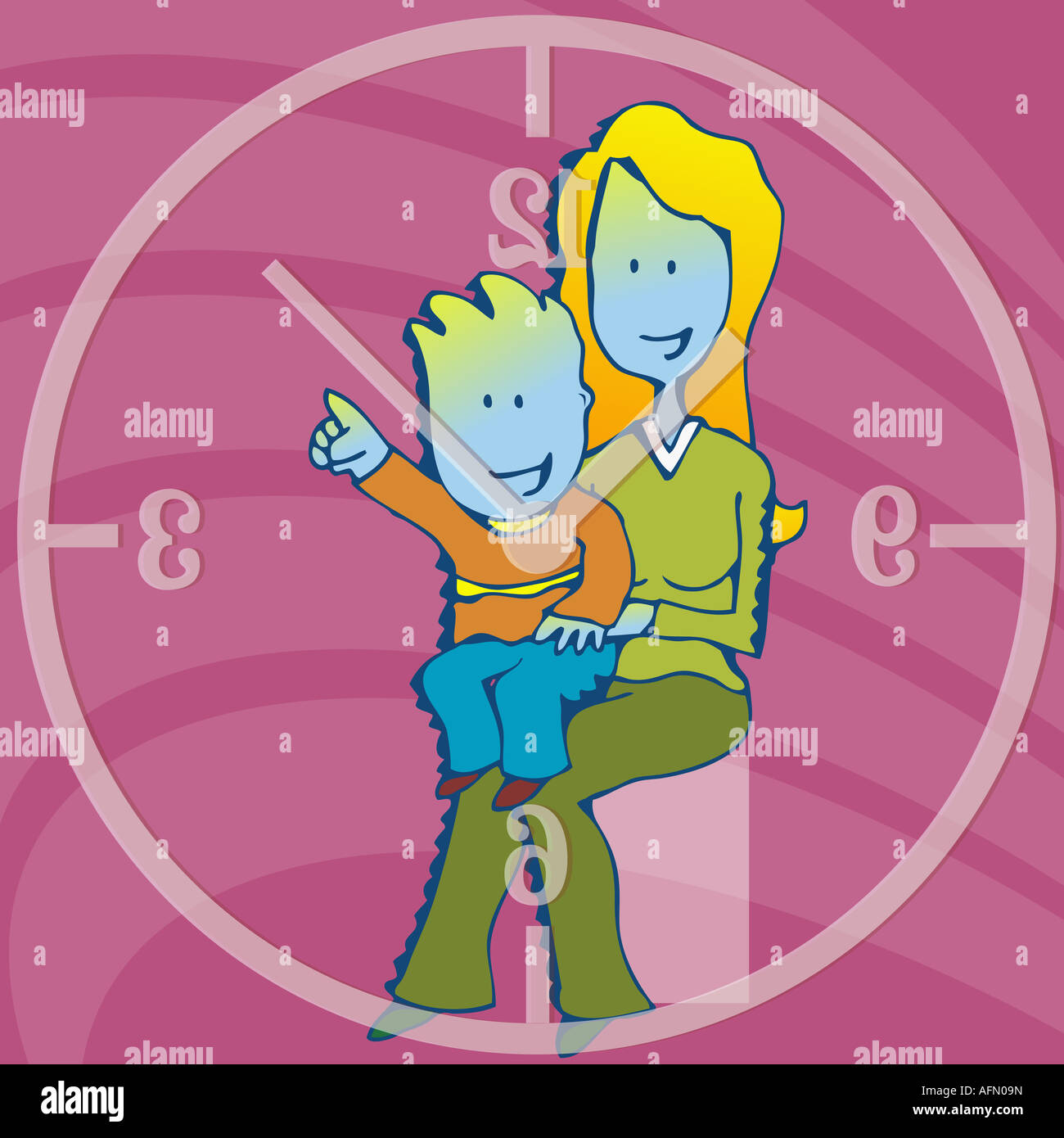 Boy sitting on mothers lap and pointing to clock Stock Photo - Alamy
