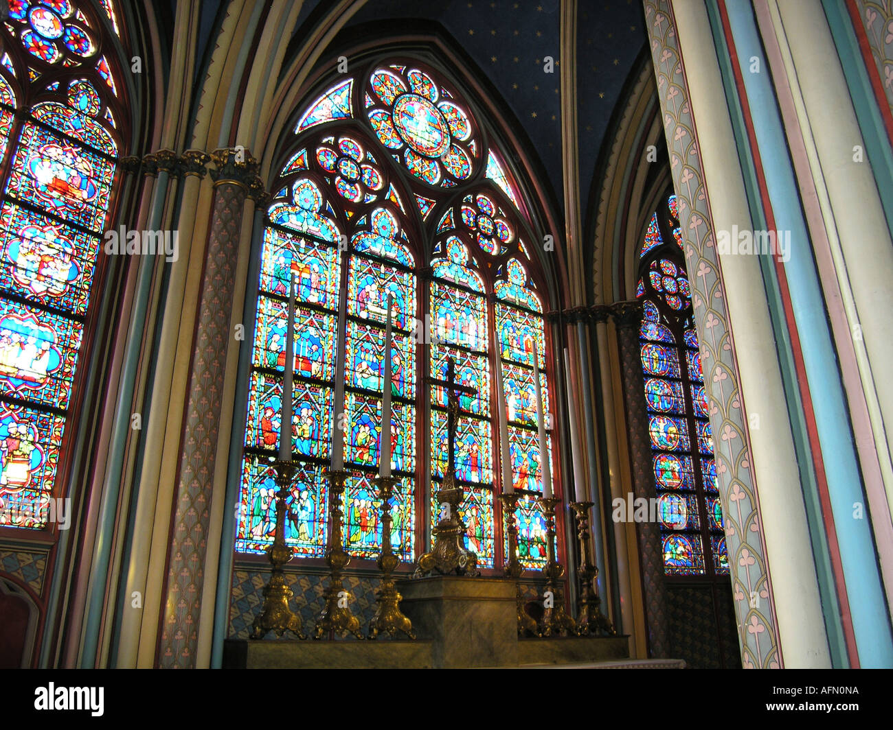 Interior of Notre Dame cathedral with leaded windows Ile de la Cité ...