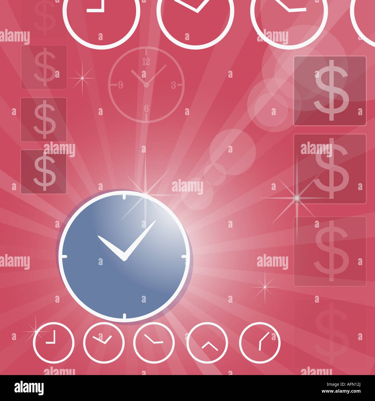 Clocks and dollar signs on a red background Stock Photo - Alamy