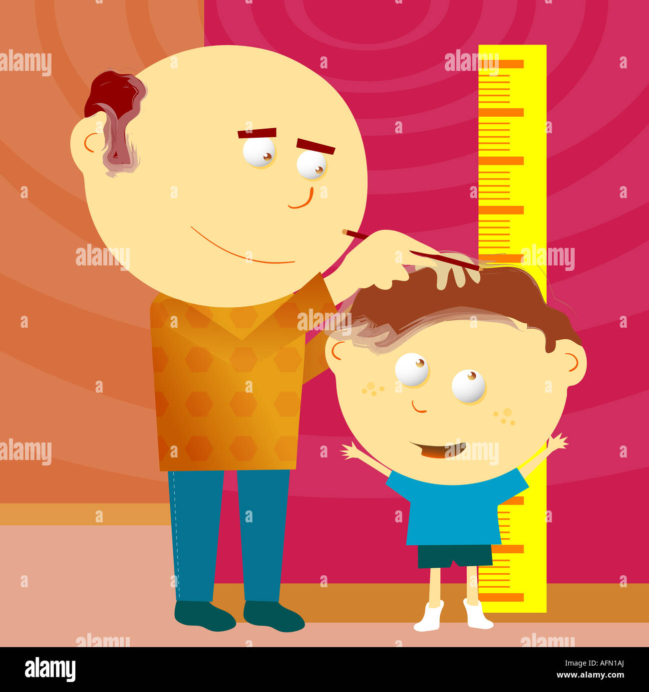 man measuring a boy against a height chart Stock Photo - Alamy