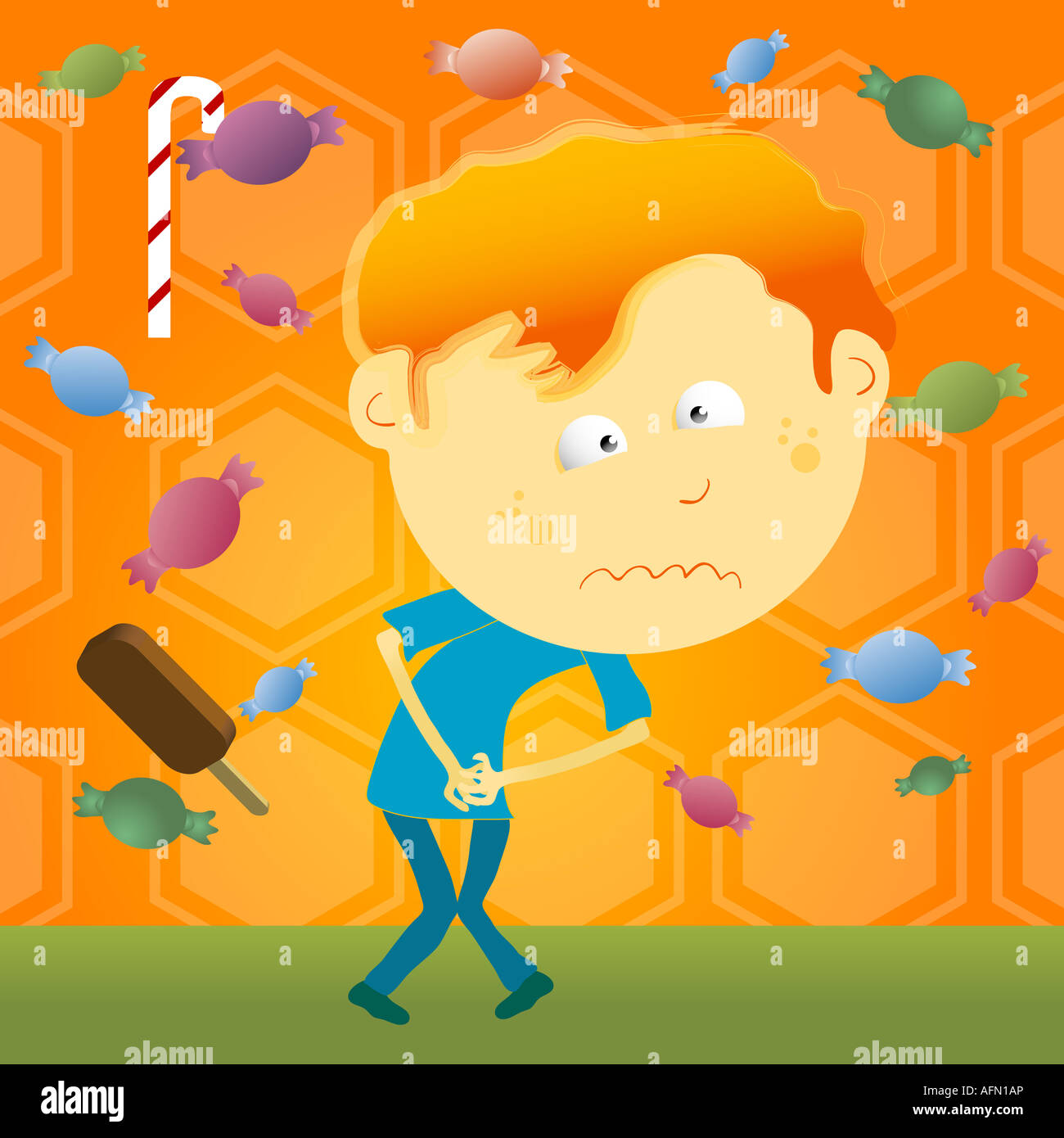 Boy with sweets around him Stock Photo - Alamy