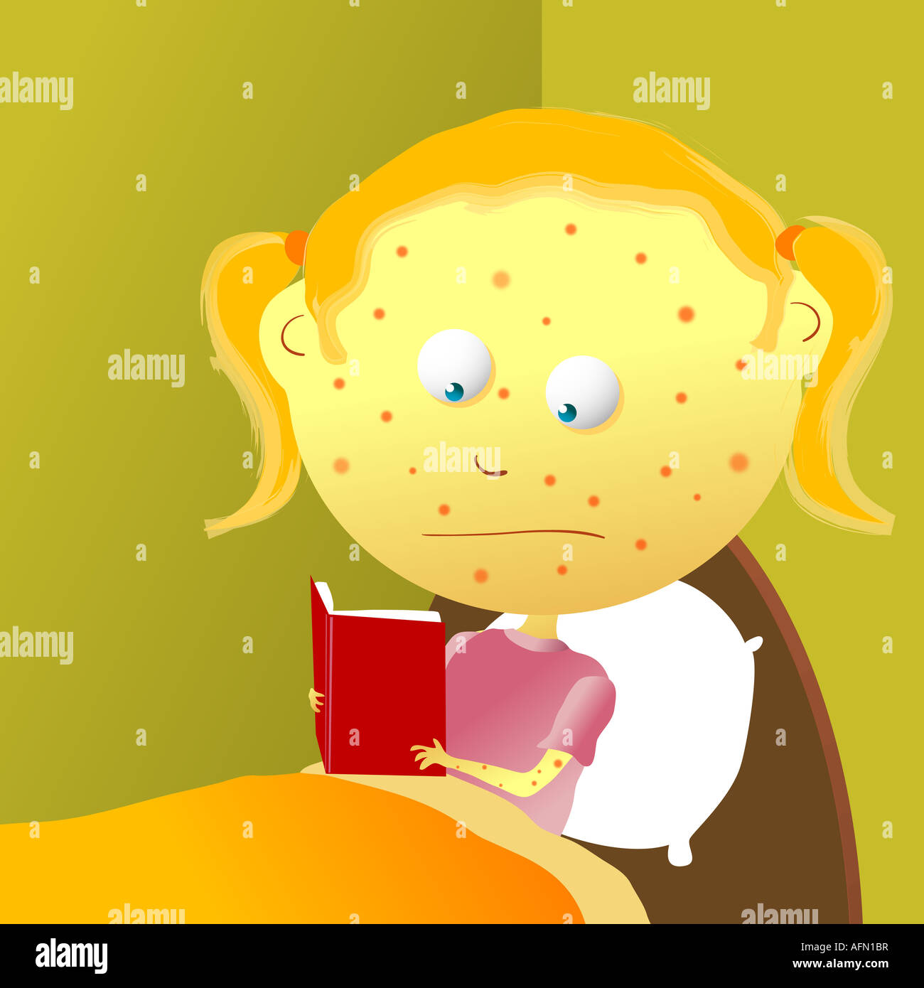 Girl with red spots on her face and reading a book Stock Photo - Alamy