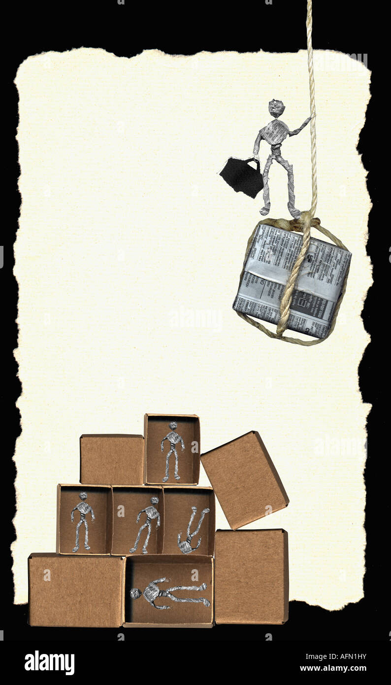 Person standing on a box over newspaper figurines in boxes Stock Photo ...