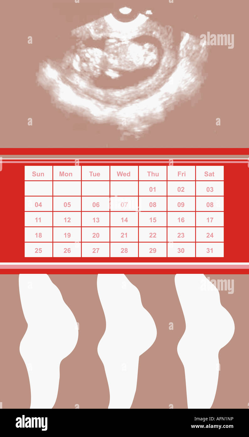 Three pregnant women standing under a calendar Stock Photo - Alamy