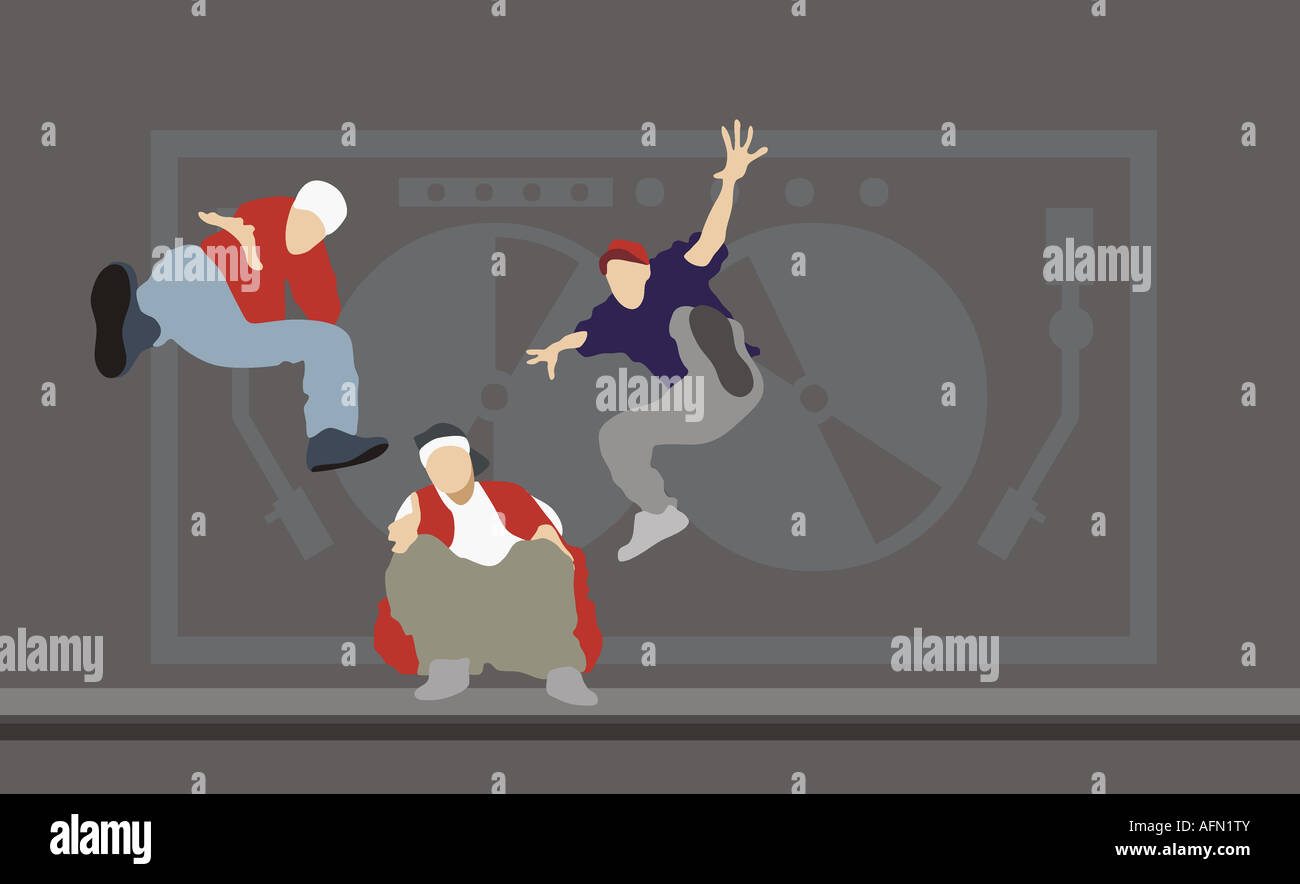 Three men dancing in front of a turntable Stock Photo - Alamy