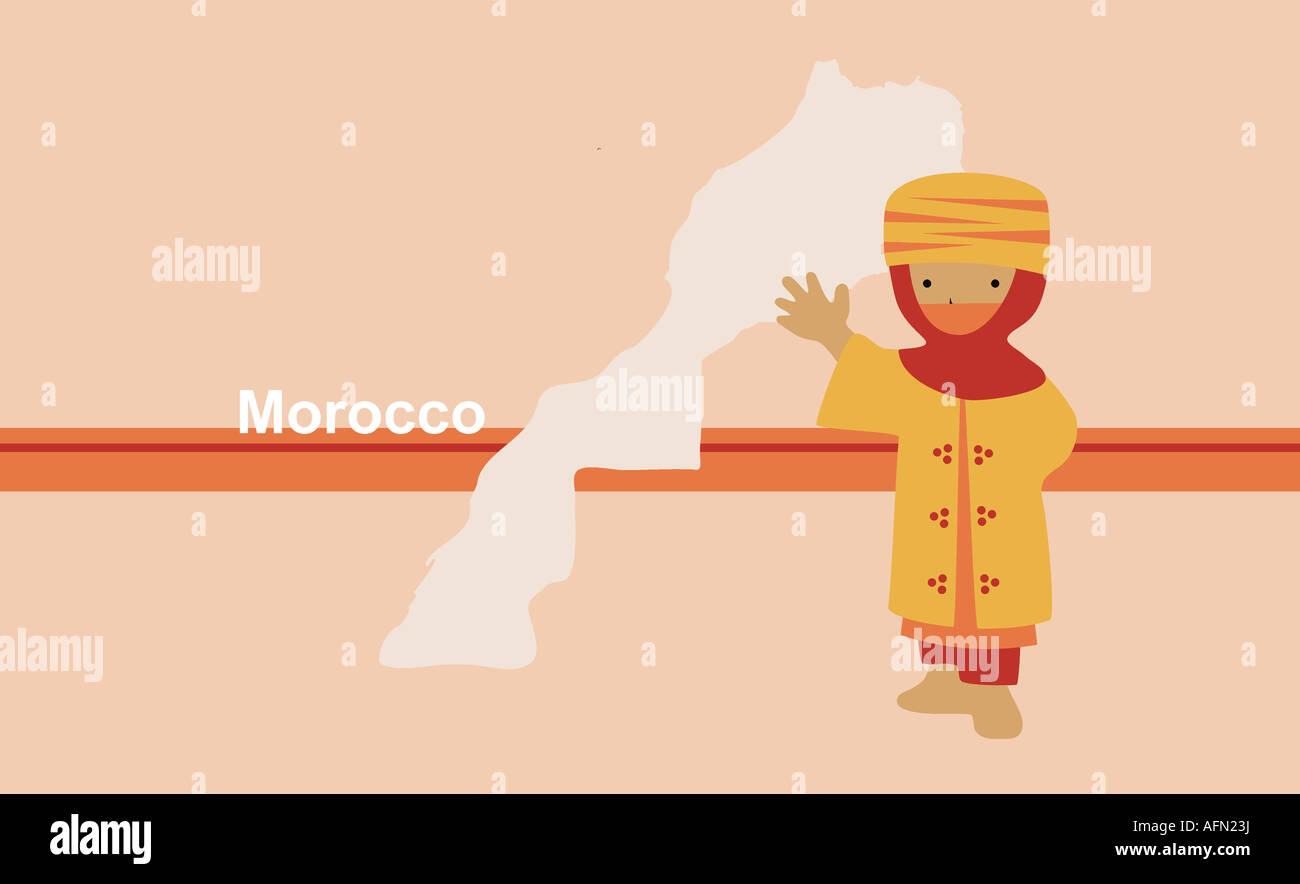 Boy in traditional clothing near map of Morocco Stock Photo - Alamy
