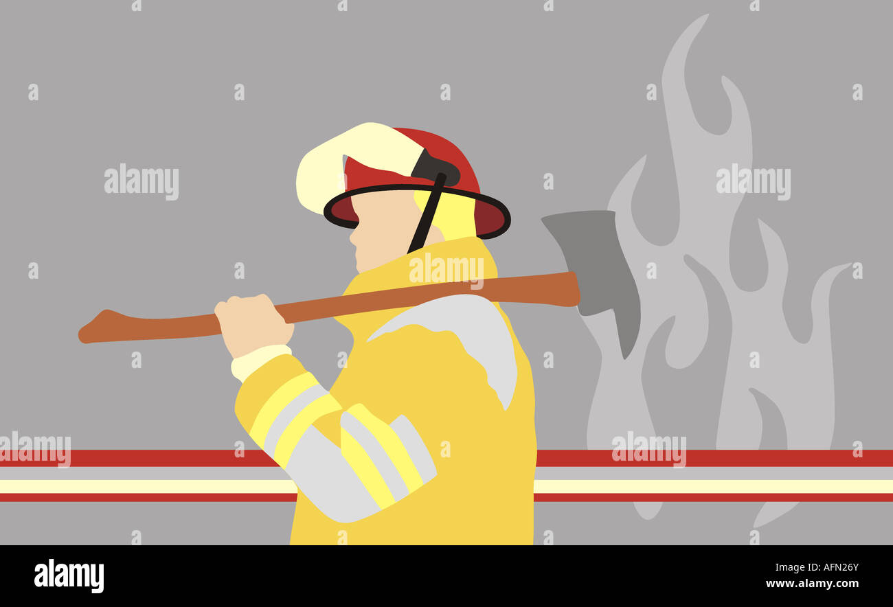 Firefighter holding an axe over his shoulder Stock Photo - Alamy