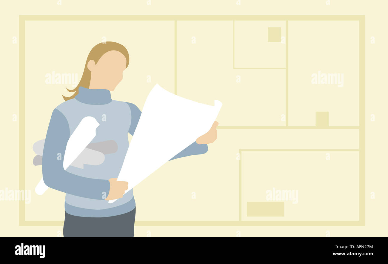 Businesswoman reading blueprints Stock Photo - Alamy