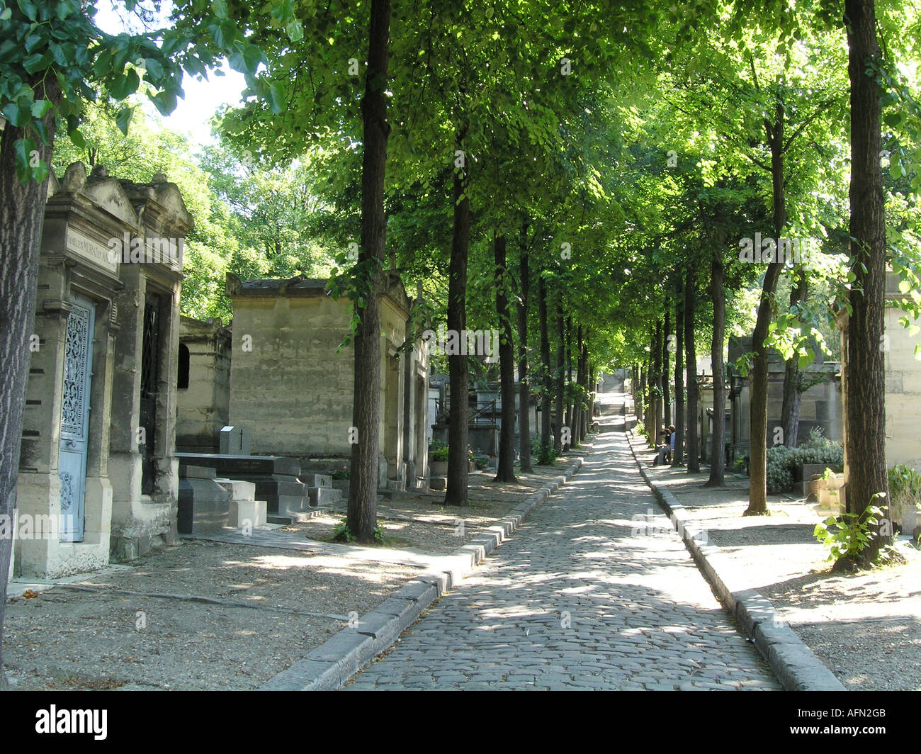 Walkway with trees and cobbled pavement at Pere Lachaise cemetery Paris ...