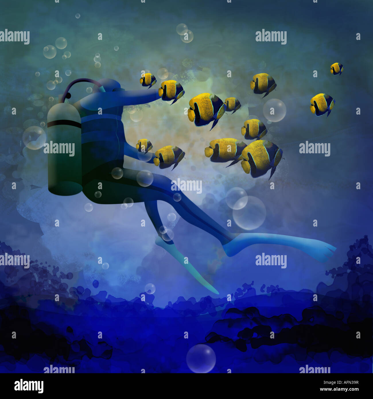 Scuba diver catching fish underwater Stock Photo - Alamy